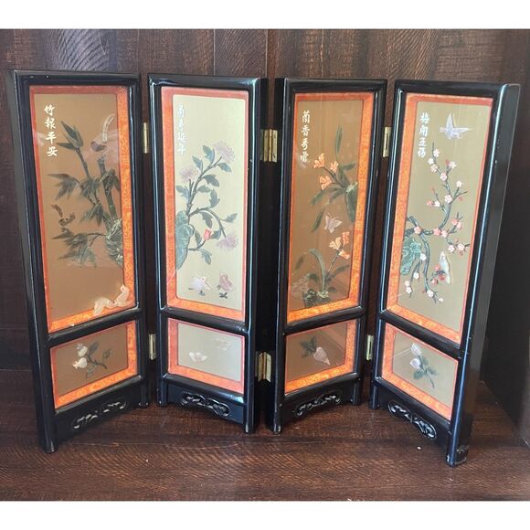 Accents | Chinese Lacquer Folding Table Screen Hand Carved Stone Shell ...